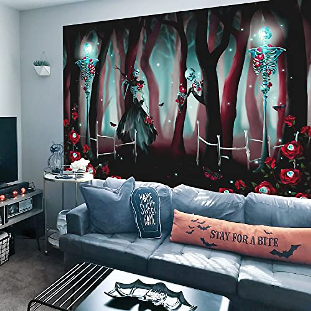 3 x 5 ft Fabric Rose Skeleton Party Backdrop for Halloween Party Decoration Hanging Party Background for Theme Birthday Wedding Engagement Anniversary Party Supplies (7x5 Rose Skeleton Backdrop)