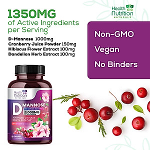 D-Mannose & Cranberry Extract 1350mg Advanced Formula, Fast-Acting Natural Urinary Tract Health Support for Women & Men, Flush Impurities in Urinary Tract & Bladder, Non-GMO, Vegan - 60 Capsules