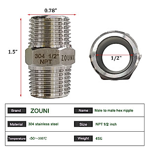 4PCS Hex Nipple 1/2" Male x 1/2" Male Pipe Fittings, 304 Stainless Steel 1/2 inch NPT Male Threaded Pipe Adapter Fittings Equal Nipples Connectors, Male Straight Connector Pipe Fitting