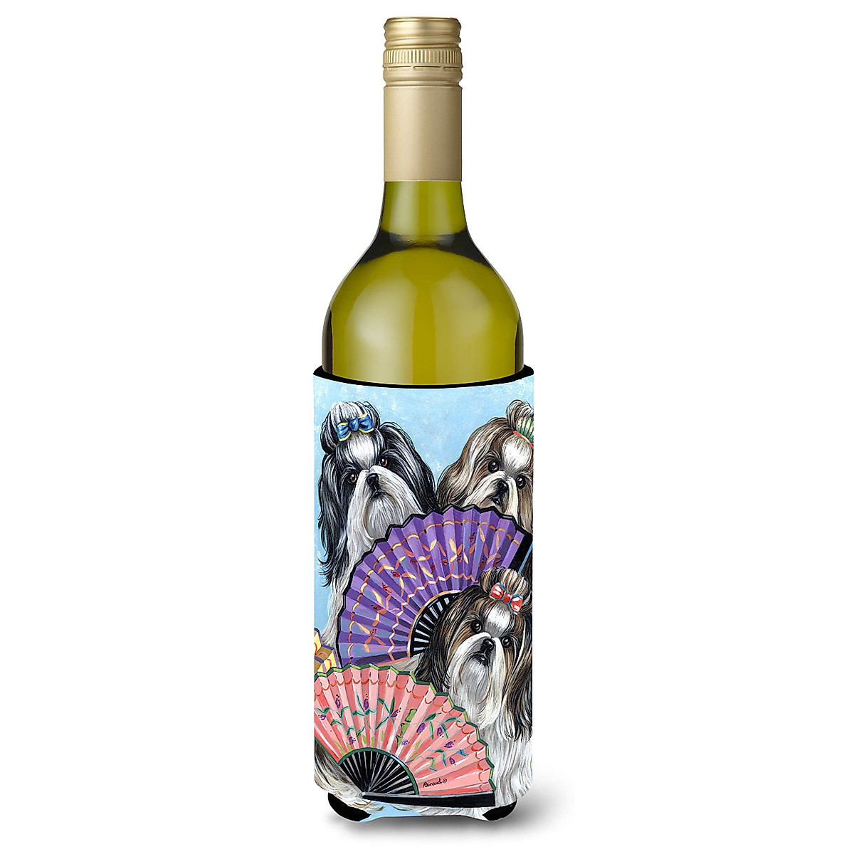 Caroline's Treasures PPP3190LITERK Shih Tzu Top Fans Wine Bottle Hugger Bottle Cooler Sleeve Hugger Machine Washable Collapsible Insulator Beverage Insulated Holder