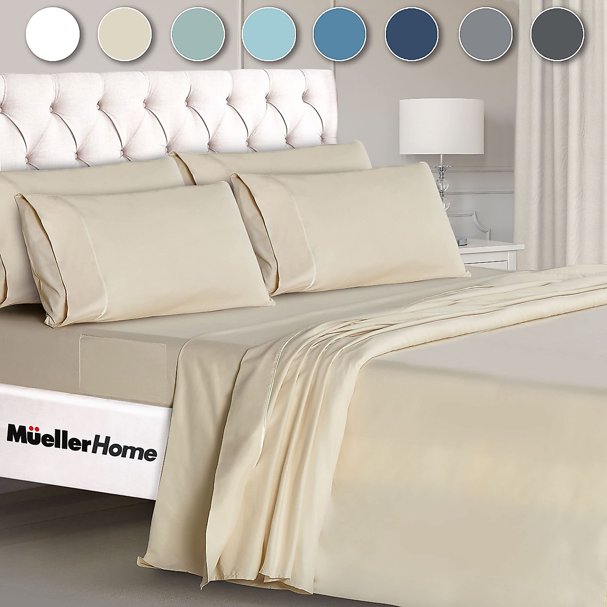 Mueller Luxury 6 PC Full Size Bed Sheets, Super Soft 1800, Deep Pocket up to 16" Full Size Sheets, Transfers Heat, Breathes Better, Hypoallergenic, Wrinkle-Resistant, Oeko-TEX, Cream