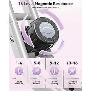 PLENY Folding Exercise Bike, Indoor Stationary Bike 16-Level Magnetic Resistance with Arm Resistance Band, Back Support Cushion Workout Bike for Home Workout Gym - Gray