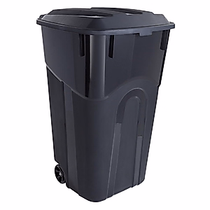 BJCYO 32 Gallon Wheeled Heavy Duty Plastic Garbage Can, Attached Lid, Black