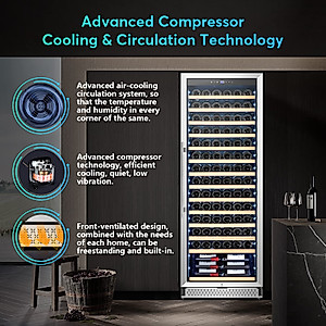 Tylza Upgraded 154 Bottles Wine Cooler Refrigerator, 24 Inch Tall Wine Fridge Built-in or Freestanding with Professional Compressor, Low Noise Fast Cooling and Intelligent Temperature Memory