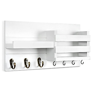 Lwenki Mail Organizer for Wall Mount – Key Holder with Shelf includes Letter Holder and Hooks for Coats, Dog Leashes – Rustic Wood with Flush Mounting Hardware (16.5” x 8.7” x 3.5”)