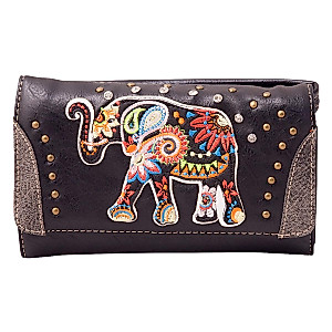 HW Collection Large Elephant Purse Women Embroidered Western Handbag and Wallet Set (Black)