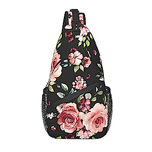 Flowers Rose Sling Bag Crossbody Backpack For Women Men Hiking Travel Over The Shoulder Bag Pouch Small Daypack Casual One Strap Pack Lightweight Cross Chest Bag Purse Outdoor Cycling