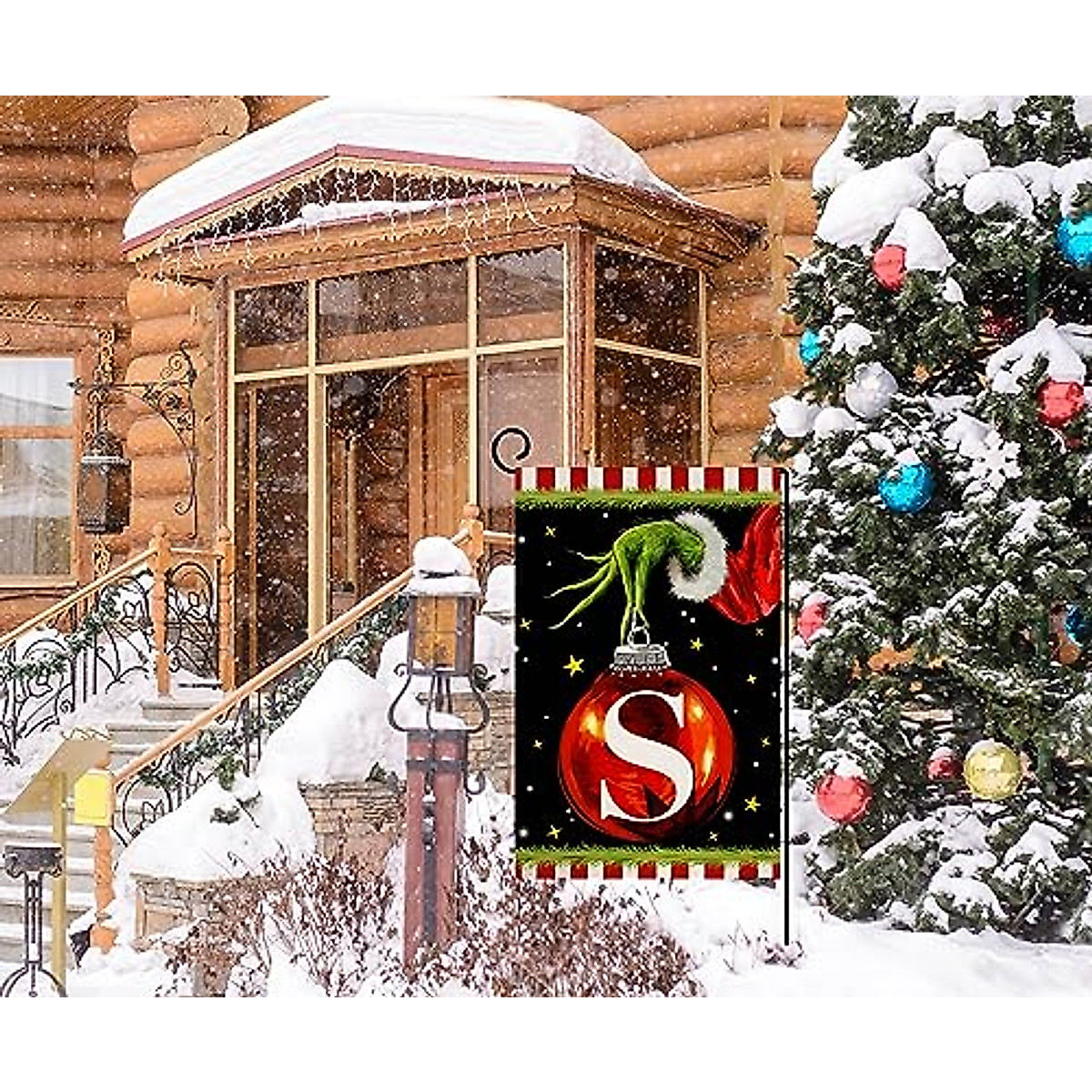 BLKWHT Christmas Monogram Letter S Garden Flag 12x18 Vertical Double Sided Winter Holiday Outside Decorations Burlap Family Last Name Initial Yard Flag