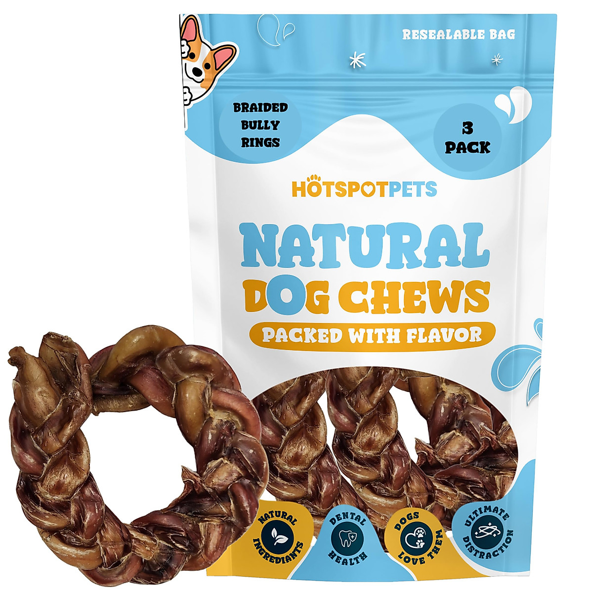 hotspot pets Braided Bully Stick Rings for Dogs - (3 Pack) Premium All Natural Long Twisted Beef Pizzle Dog Chew Treats - Grain Free Fully Digestible Rawhide Alternative Bones