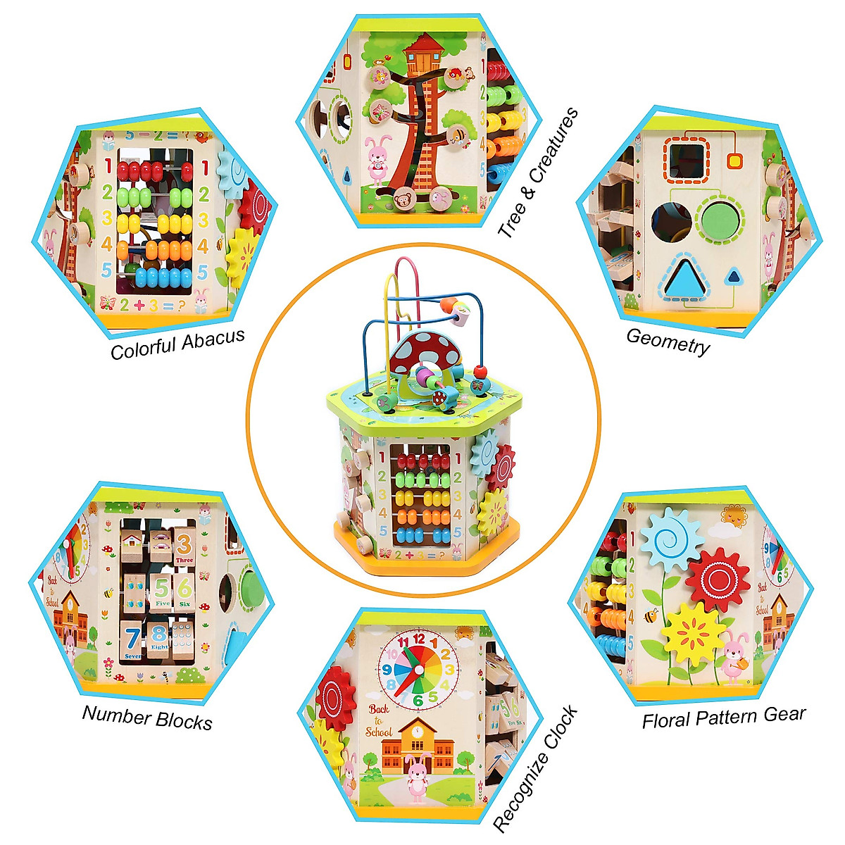 LAVIEVERT 9-in-1 Wooden Play Cube Activity Center Multifunctional Bead Maze Shape Sorter Educational Toys Game for Toddlers & Kids