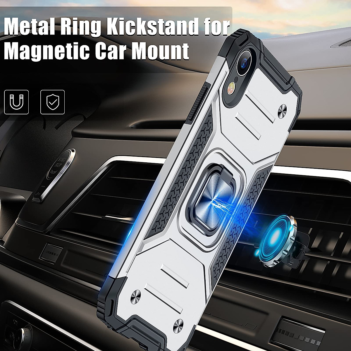 JAME Case for iPhone XR Cases with Screen Protector 2PCS, Military-Grade Drop Protection, Protective Xr Phone Case, Shockproof Bumper XR Case with Ring Kickstand, for iPhone XR 6.1 Inch Silver