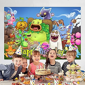 Singing Monsters Birthday Decorations, Singing Monsters Happy Birthday Banner Backdrop for Singing Monsters Birthday Party Supplies (5x3ft)