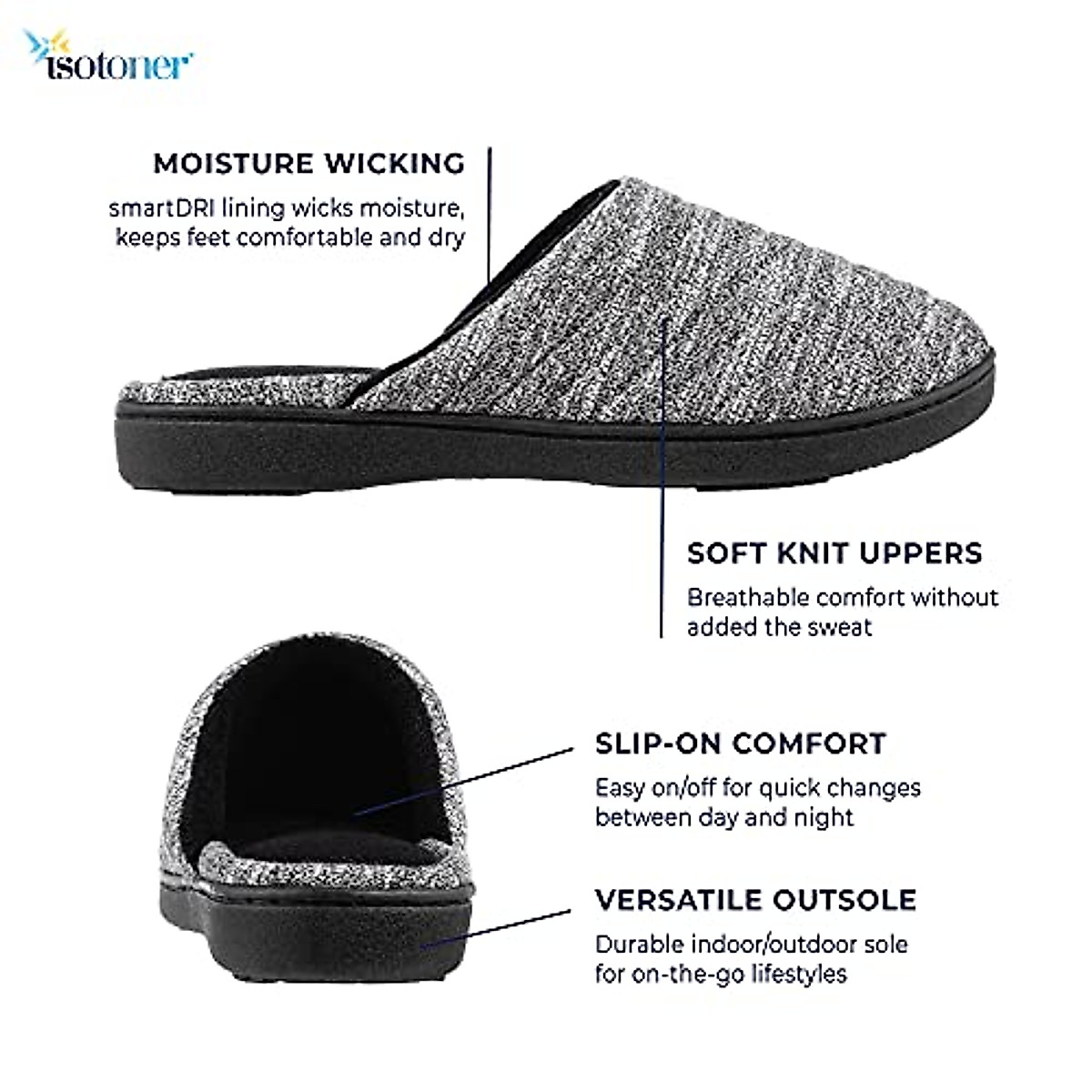 isotoner womens Andrea Space Knit Slide Slipper, Black, 6.5-7 US