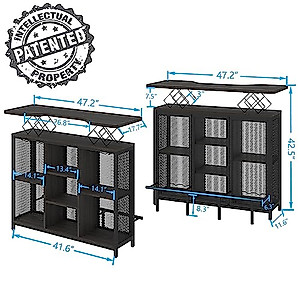 LVB Home Bar Unit, Modern Liquor Bar Table, Industrial Mini Bar Stand with Wine Rack and Storage Shelf, Wood Metal Indoor Coffee Bar Cabinet for Kitchen Living Dining Room Pub, Dark Gray Oak, 47 Inch