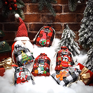 24 Pieces Gift Bags Christmas Buffalo Plaid Drawstring Bag Christmas Burlap Drawstring Bag Washable Cotton Xmas Bag for Candy Wrapper Christmas Party Favor (Bright Color, Snowman)