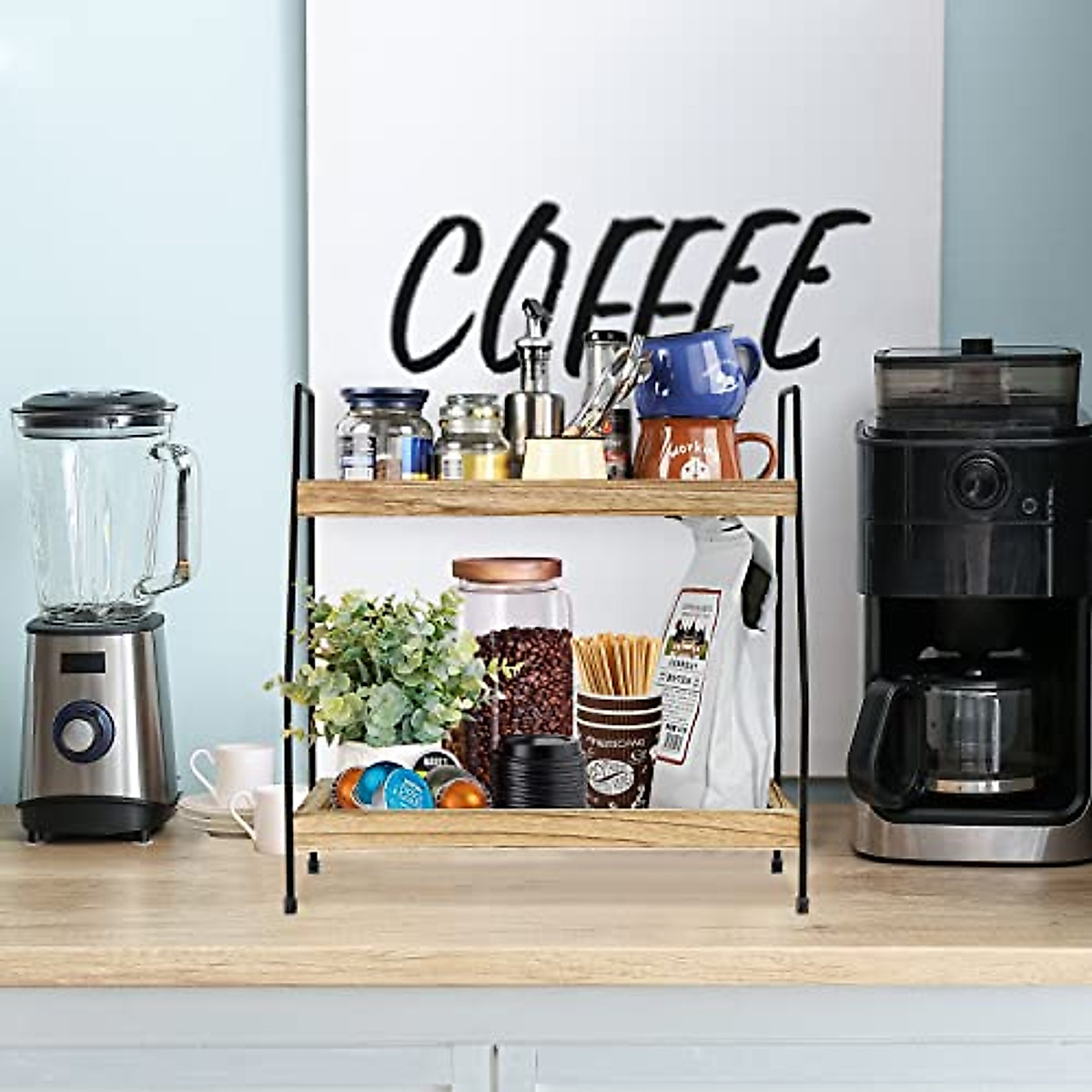 Countertop Coffee Station Organizer, Wood Coffee Bar Accessories Organizer for Coffee Bar Decor, Coffee K Cup Pods Holder Condiment Organizer, 2 Tier Countertop Organizer Shelf for Bathroom Kitchen