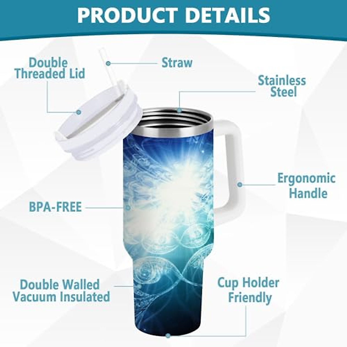 RPLIFE Galactic Bloom Blue 40 Oz Tumbler with Handle and Straw, Stainless Steel Tumbler, Insulated Coffee Mug with Lid