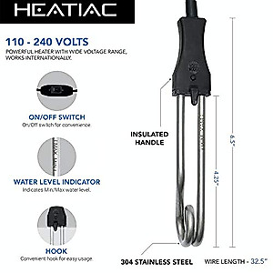 HEATIAC 6.5’’ Travel Immersion Water Heater with On/Off Switch, 300W, 110V. Portable Stainless-Steel Electric Boiler for Heating Water in Cup to Make Coffee, Tea, Beverages