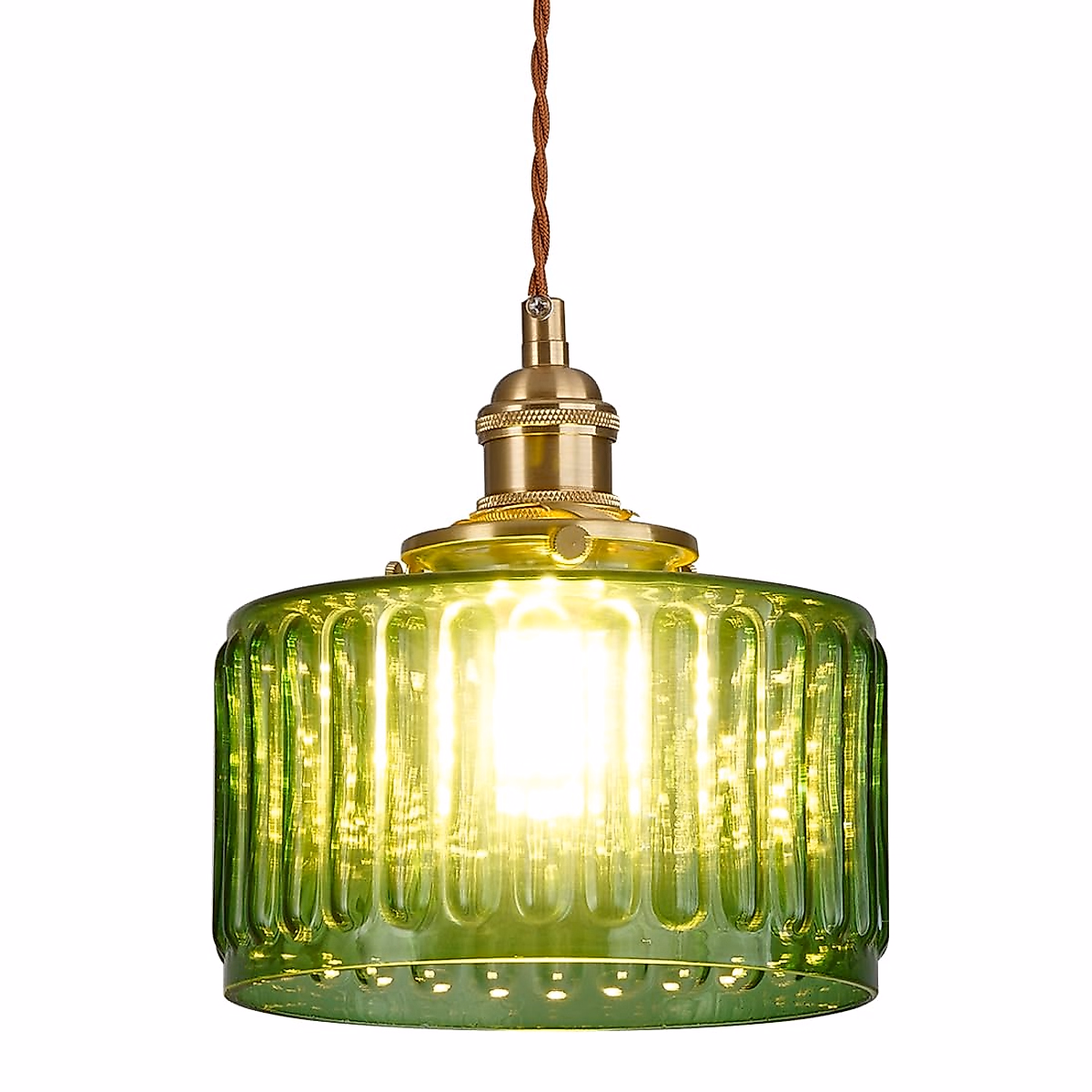 Qufute Green Hanging Light Vintage Modern Pendant Light Fixture with Stripe Green Glass Shade Glass Pendant Lighting Gold Pendant Lamp for Kitchen Island Bedroom Farmhouse