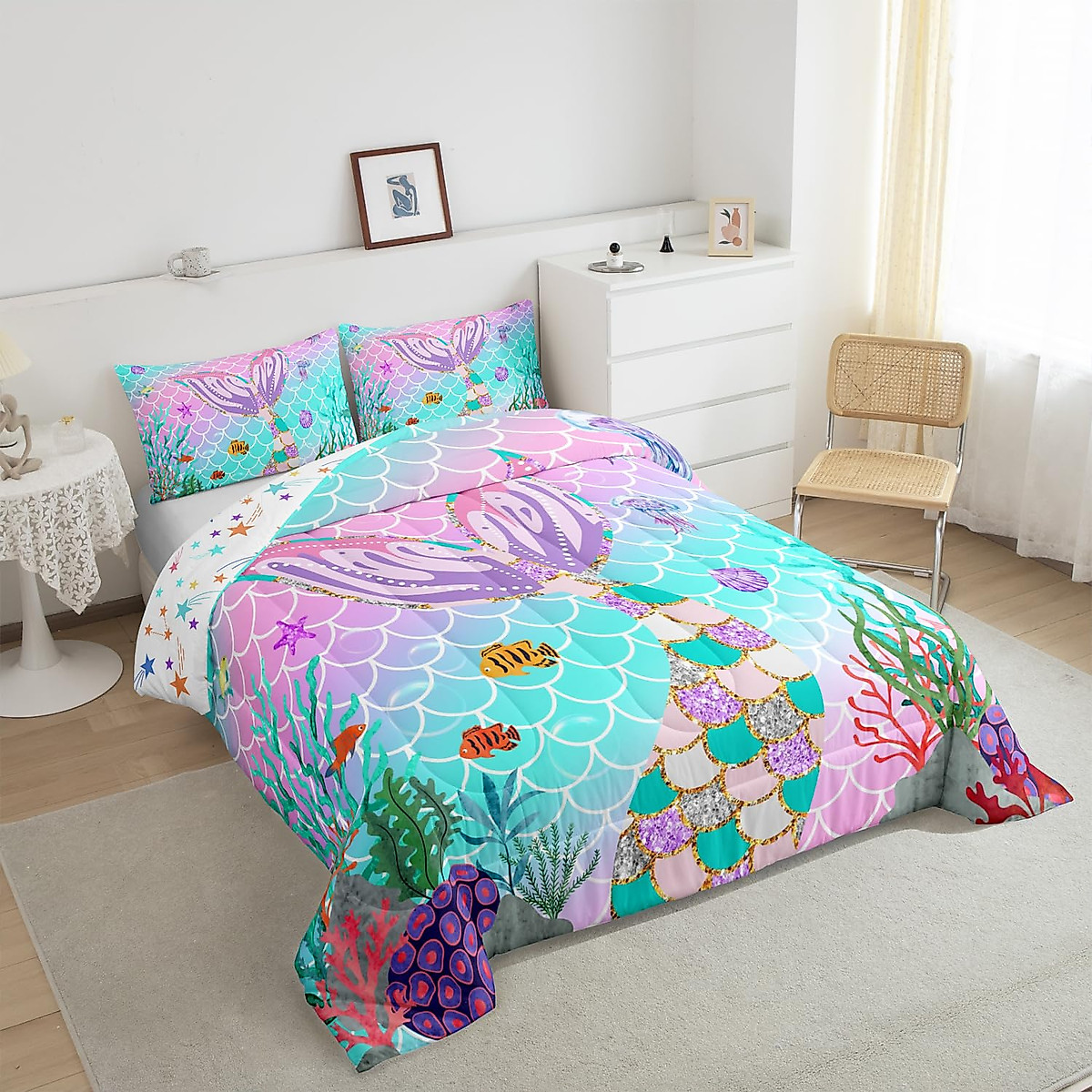 Erosebridal Twin Comforter Set for Girls, Mermaid Twin Bedding Sets for Girls Kids Toddler Ocean Fish Scales Quilt Rainbow Bedding Coastal Nautical Sea Animal Duvet Insert Teal Pastel Pink Room Decor