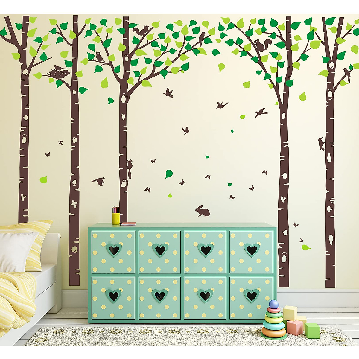 5 Large Birch Tree Wall Decals Jungle Tree Wall Stickers Forest Animal Wall Stickers Squirrel Rabbit Stickers for Kids Room Nursery Bedroom Living Room Classroom Wall Decoration (100", Brown,Green)