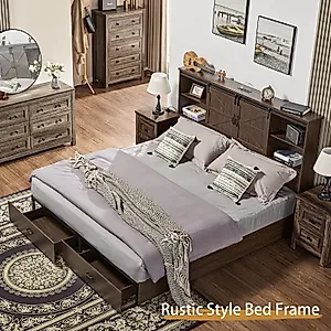 VanAcc Queen Size Bed Frame, Wooden Platform Storage Bed with 51.2" Bookcase Headboard, 2 Drawers, Charging Station/No Box Spring Needed/Noise Free(Brown)