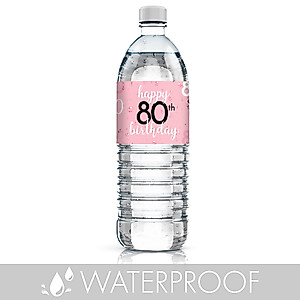 Pink, Black, and White 80th Birthday Party Water Bottle Labels - 24 Waterproof Wrappers, 80th Birthday Decorations for Women