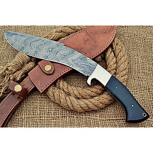 HUNTEX Handmade Hand-Forged Twist Pattern Damascus Steel 15 Inch Long Full Tang Natural Buffalo Horn Handle Razor Sharp Hunting Camping Kukri Knife w/Genuine Leather Sheath