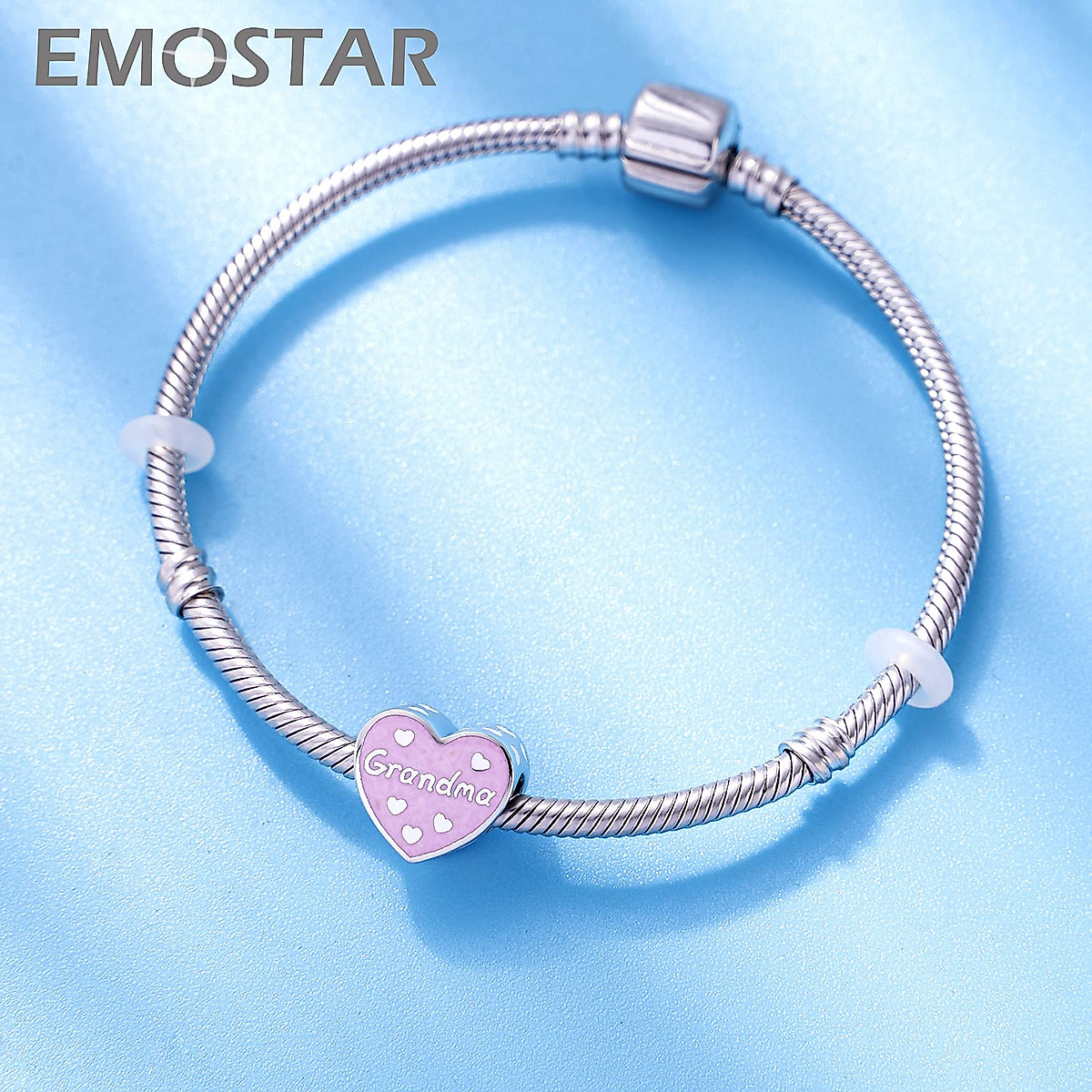 Grandma Heart Charms, 925 Sterling Silver I Love You Grandmother Grandmom Beads with Pearl Pink Enamel, fits Pandora Mothers Day Bracelet, Gifts for Nonna/Abuela/Babcia