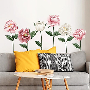 decalmile 6 Large Peony Flower Wall Decals Garden Floral Wall Stickers Bedroom Living Room Home Office Wall Decor Gift for Mom