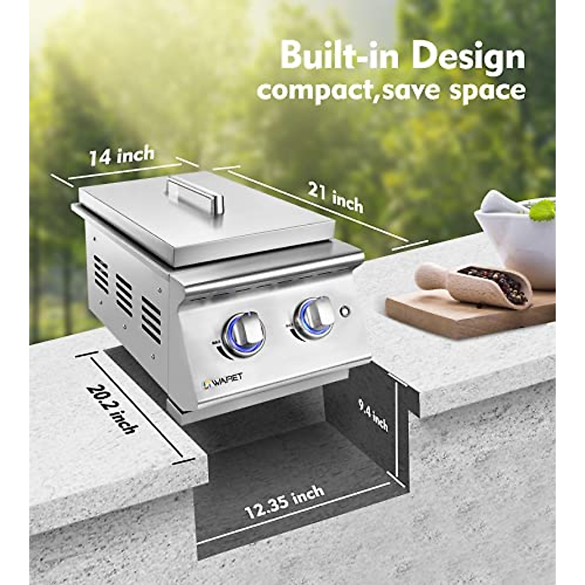 WAFIET Built-in Double Grilling Side Burners with Lid for Outdoor Kitchen BBQ Island, 304 Stainless Steel, 15,000BTU Liquid Propane/Natural Gas Grill with Drip Tray - LPG/NG Convertible