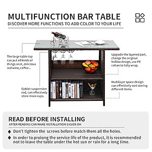 Valita Outdoor PE Wicker Bar Counter Glass Top Table with 2 Steel Shelves Design and 3 Set of Rails Patio Brown Rattan Furniture