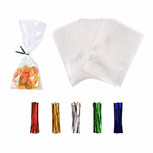 XLSFPY 100PCS Clear Cellophane Treat Bags with 100PCS Twist Ties, 3x4 OPP Rice Crispy Bags for Gift Goodie Favor Candy Cake Pop Birthday Party Cookies Christmas New Year Wedding Party (3'' x 4'')