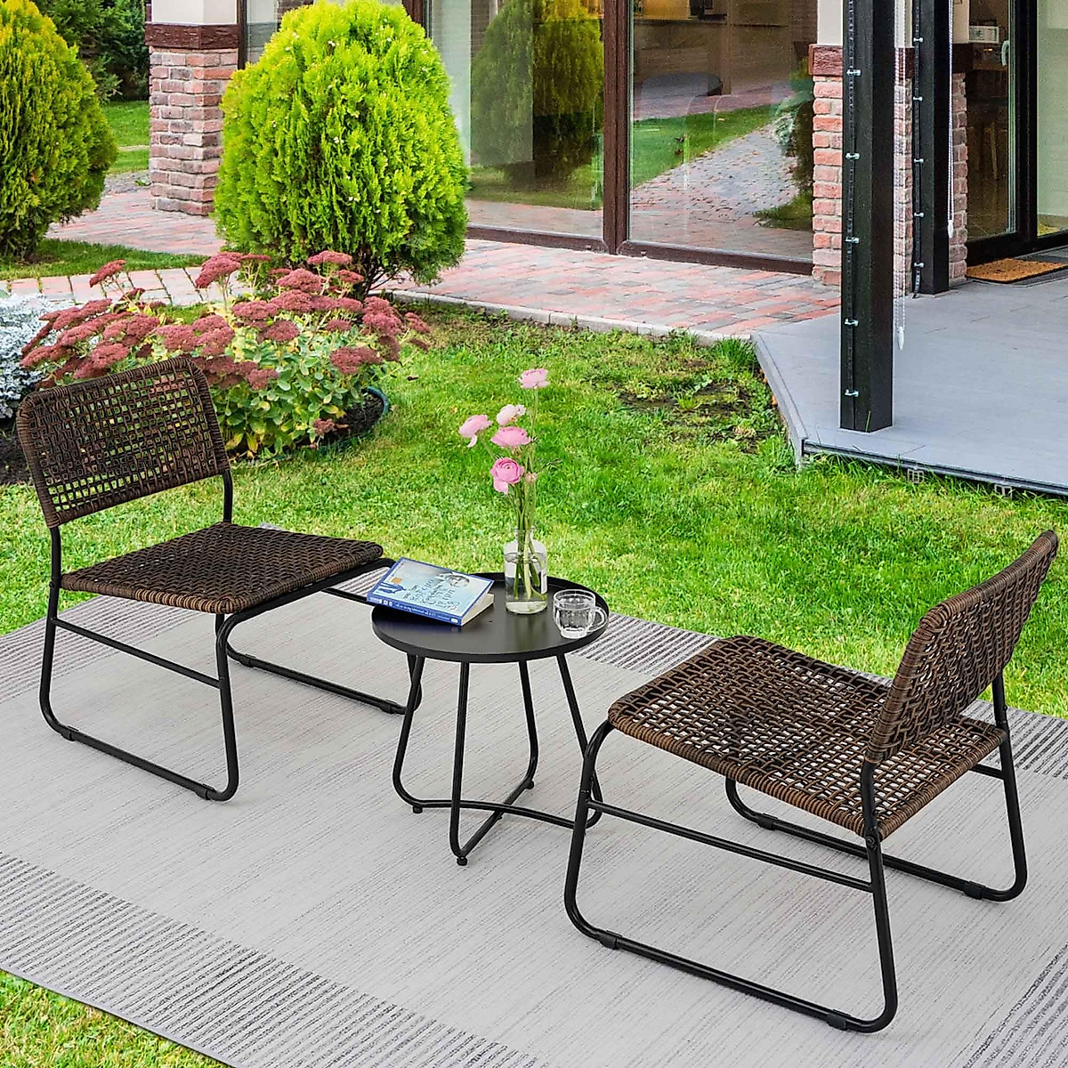 3 Piece Patio Furniture Set, 3 Pieces Patio Bistro Set, Front Porch Chairs Conversation Set, Outdoor Rattan Furniture with Round Table and 2 Armchairs for Lawn, Garden, Pool, Backyard, Black