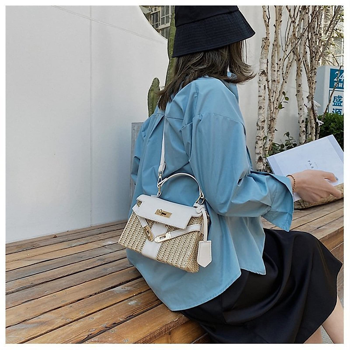 BZGWECD Handmade Rattan Crossbody Bags for Women, Summer Straw Bag Handbags Beach Bag PU Summer New Flap Crossbody Bag (Color : White, Size : 18x8x15cm)