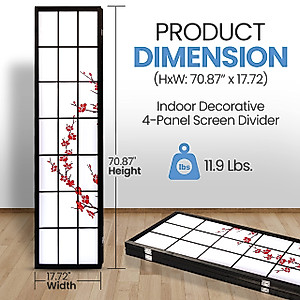SereneLife Japanese Screen Room Divider - Portable Freestanding Classic Indoor Decorative 4-Panel Separator, Folding Privacy, Dressing Area, Office, Elegant Plum Blossom Design
