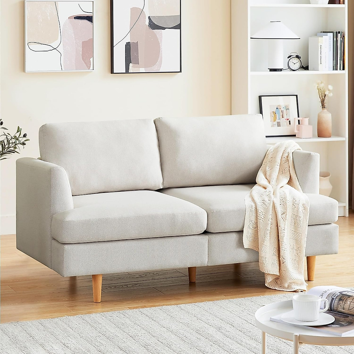 Busaurus Loveseat Sofa 56" Mid Century Modern Small Couches for Small Spaces Love Seat with 2-Seat Upholstered Cushion Sofa Couches for Bedroom, Living Room, Apartment, Office (Beige)