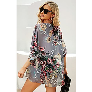 Women's Floral Print Puff Sleeve Kimono Cardigan Loose Cover Up Casual Blouse Tops (Dark Grey, XL)