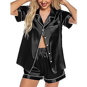 Leikar Womens Silk Satin Pajamas Shorts Set Bride Pajamas Button Down Pjs Loungewear Set S-XXL Black