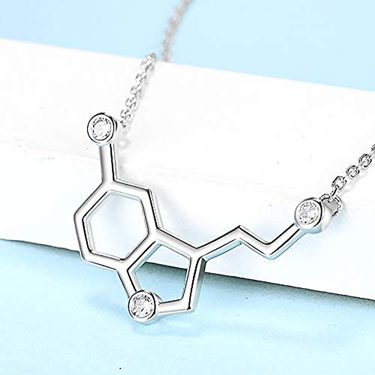 925-Sterling-Silver Hormone Serotonin-Molecule neckalce - Caffeine Molecule dopamine Pendent Necklace for Women,Teacher, Professor, Chemistry Graduates, Science Jewelry Lovers (White-Gold)