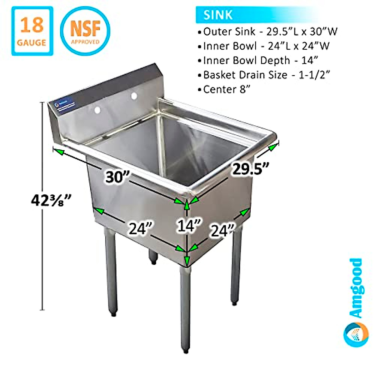 AmGood Stainless Steel Prep & Utility Sink | 304 Stainless Steel | Overall Size: 29 3/4" x 23 5/8" | Restaurant, Kitchen, Laundry, Garage | NSF (Bowl Size: 24" x 18" No Faucet)