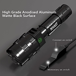 POVAST Tactical Flashlight Picatinny Rail Mount 1600 Lumens Side Switch Remote Pressure Switch USB Rechargeable, Matte Black