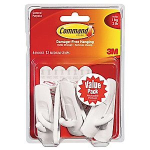 Command 170016Es Reusable Adhesive Hooks, Medium, Value Pack, 6/Pk,We