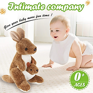 CozyWorld Mother's Day Stuffed Animals Kangaroo Cute Kangaroo Plush Toys with Baby in Pouch for Kids Preschool BirthdayThanksgiving for Kids, Brown, 10.5’’