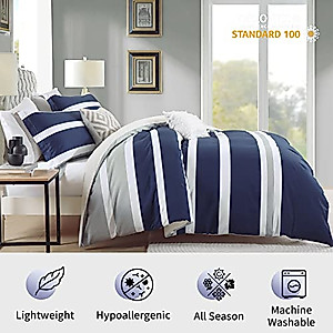 Bedduvit Striped Queen Duvet Cover - 100% Cotton Duvet Cover Queen Size,3 Piece Navy Duvet Cover Queen,Simple Modern Queen Duvet Cover with Zipper Closure & 8 Ties (90"x90", No Comforter)