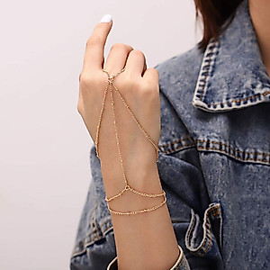 Chicque Beaded Ring Bracelet Hand Chain Gold Layered Finger Ring Hand Bracelet Party Hand Jewelry for Women and Girls
