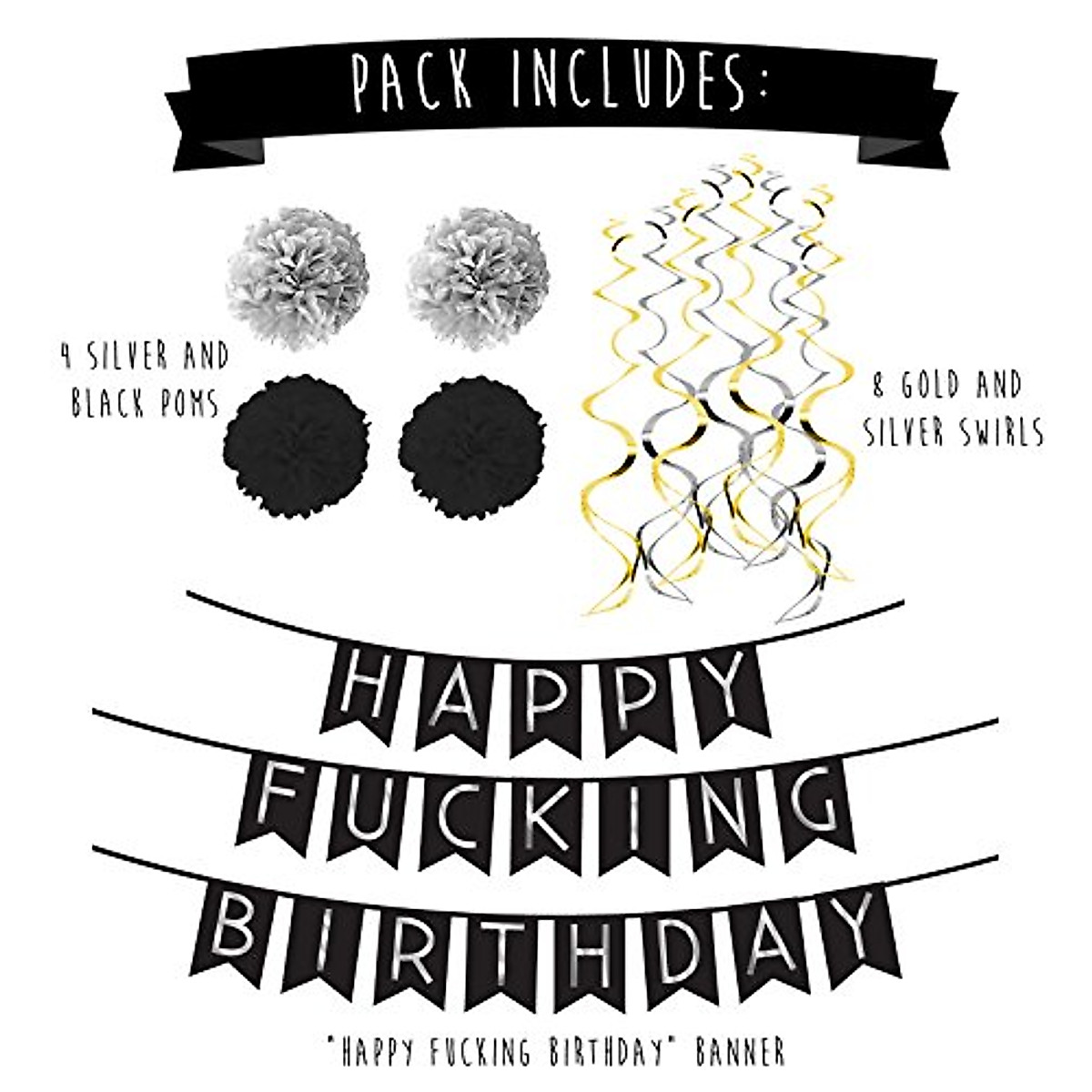 Funny Birthday Party Pack - Black & Silver Happy Birthday Bunting, Poms, and Swirls Pack- Birthday Decorations - 21st - 30th - 40th - 50th Birthday Party Supplies
