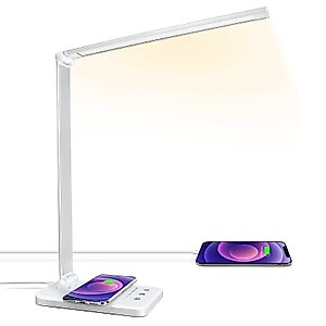 JOSTIC LED Desk Lamp with Wireless Charger, USB Charging Port, Desk Light with 10 Brightness, 5 Color Modes, Dimmable Eye Caring Reading Desk Lamps for Home Office, Touch Control, Auto Timer, White