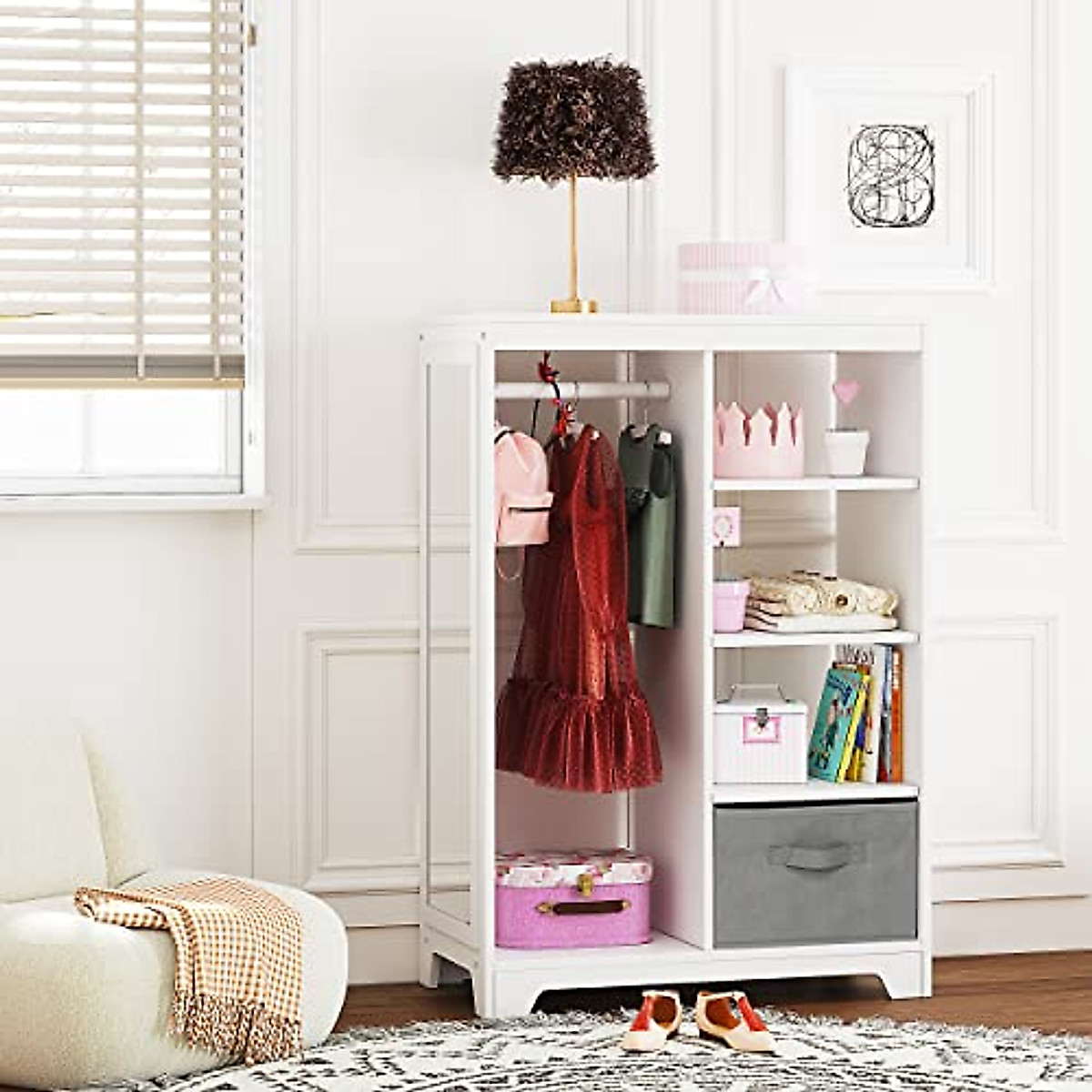 UTEX Kids Dress Up Storage with Mirror, Kids Armoire Dresser with 2 Storage Bins and Open Hanging, Costume Closet Wardrobe for Kids, Pretend Storage Closet Armoire Dresser for Bedroom, Kids Room