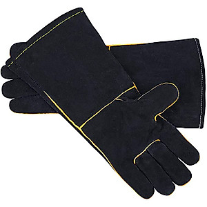 HH SPORTS Leather Welding Gloves,Heat/Fire Resistant,Mitts for forged, Tig,Mig,BBQ,Oven,Grill,Fireplace,Baking,Furnace,Stove,Pot Holder,welder,Animal Handling Glove.Black - 16 inches
